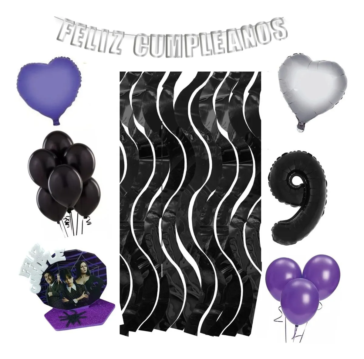 Combo Kit Deco Merlina Globos Adorno De Torta Cortina Mebuscar Argentina