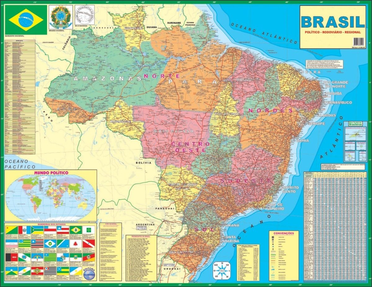 Mapa Brasil Politico Rodoviário 120 X 90 Cm Parcelamento Sem Juros