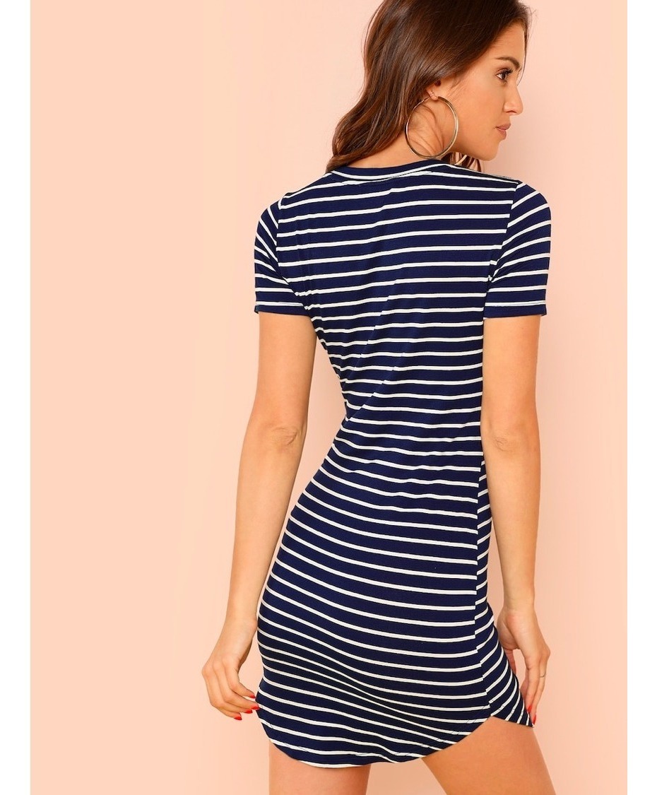 Vestido Entallado Manga Corta De Rayas Azul Marino Con Bco Mercado Libre