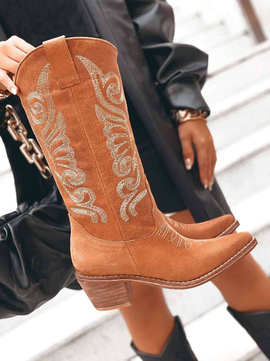 Botas Texanas Cuero Vacuno Bordadas Caña Alta Mujer Adila Mdcmoda