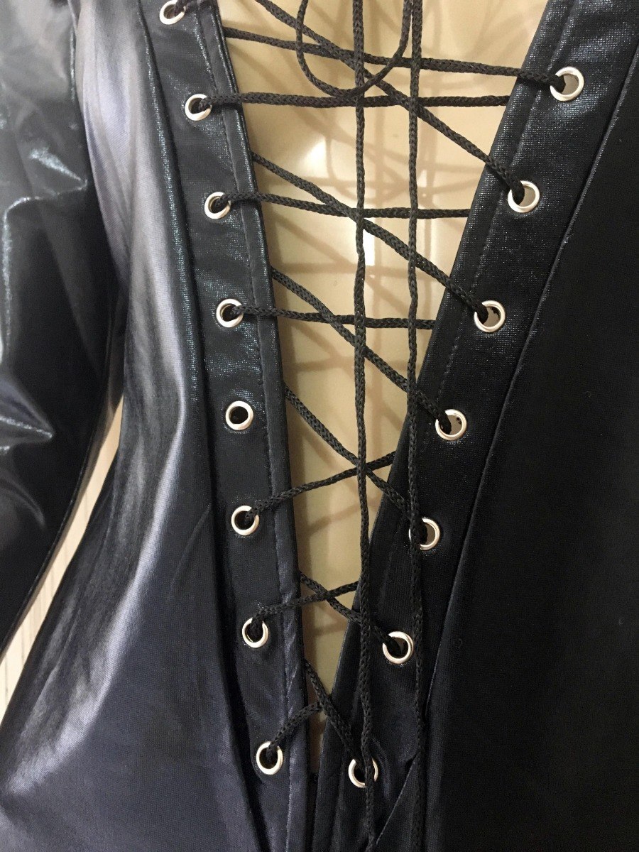 Body Feminino Preto Latex Estilo Dominadora Com Decote Sexy