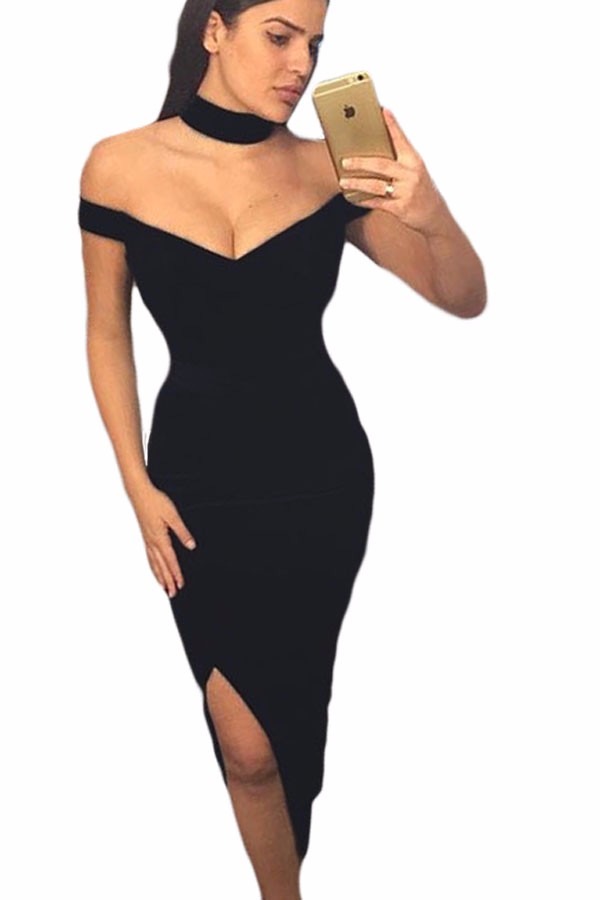 Sexy Vestido Strapless Negro Con Mangas Y Collar Moda 61445 Meses Sin