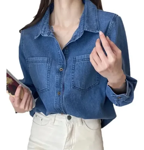 Camisa Jeans Para Mujer En Denim Azul Oscuro Y Claro | MercadoLivre