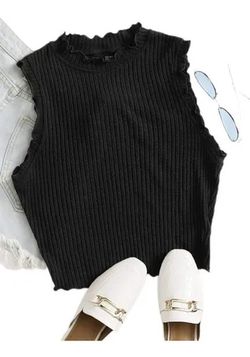 Top Tank Tejido De Canalé Ribete En Forma De Lechuga Shein Cuotas Sin
