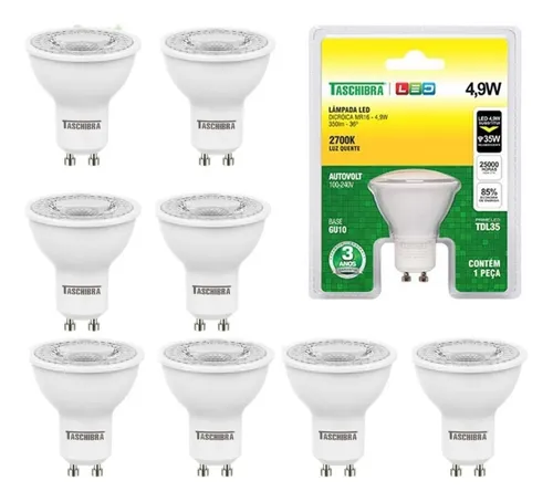 Kit 10 Lâmpada Led Dicróica 4 9w Mr16 Tdl 50 Gu10 Taschibra
