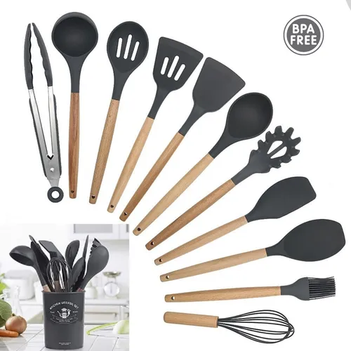 Set De 12 Utensilios De Cocina Con Mango De Madera De Silicona Color