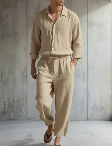Conjunto Masculino De Linho Para Verão, Camisa De Manga Comp | Frete grátis
