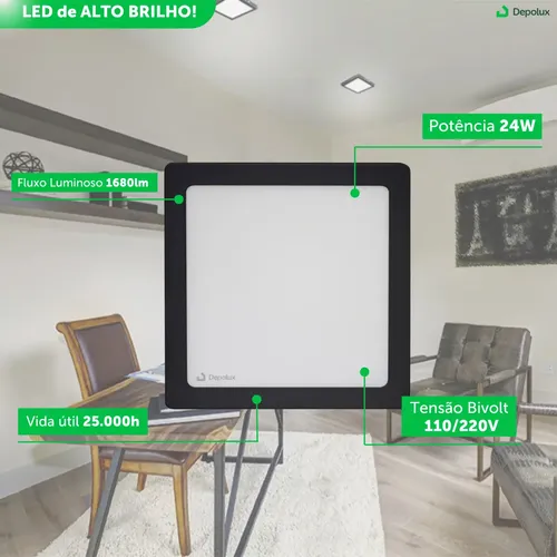Kit 8 Luminária Plafon Led 24w Teto Quadrado Preto Sobrepor | Frete grátis