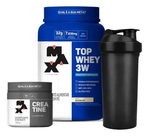 Top Whey 3w 900g Creatina 100g Max Titanium Coqueteleira Frete Grátis