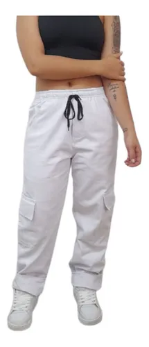 Calça Feminina Cargo Skatista Street Sarja Bolso Lateral Parcelamento