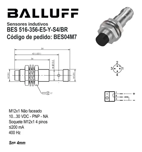 Sensor Indutivo Balluff Bes 516 356 E5 Y S4 Bes04m7 Sn 4mm Frete Grátis