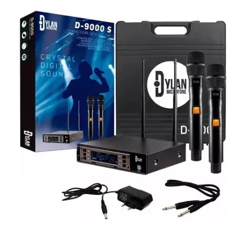 Microfone Sem Fio Duplo Profissional Dylan D-9000s Uhf Cor Preto Microfone Sem Fio Duplo Profissional Dylan D-9000s Uhf Cor Preto