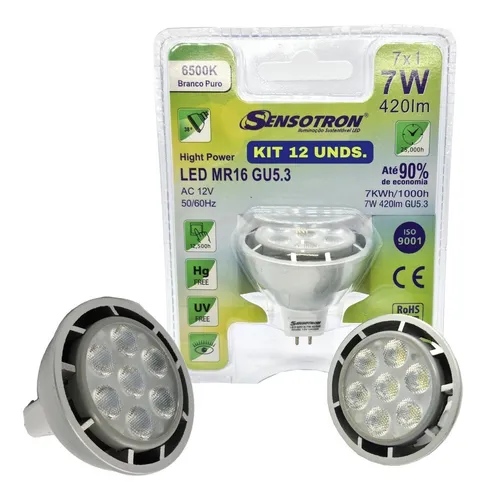 Kit 12 Lâmpada Led Dicroica 7w Mr16 Ac 12v Gu5 3 Branco Frio