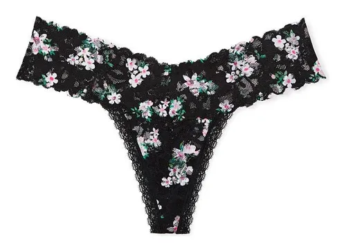 Calcinha Victorias Secret Fio Dental De Renda Floral Black