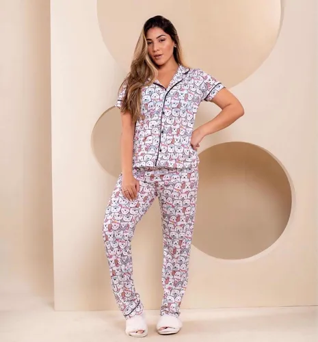 Pijama Feminino Americano Manga Curta Calça Estampado Botões