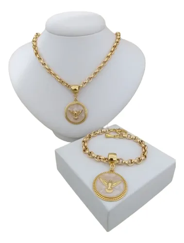 Colar 50cm + Pulseira Espírito Santo Banhado Femi Semi Jóia ...