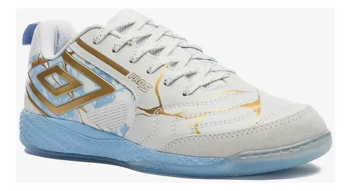 Chuteira Umbro Pro 5 Bump Kintsugi Branco Azul Claro Dourado ...