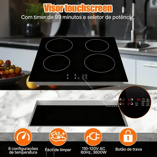 Cooktop De Indução 4 Bocas 7000w Elétrico Trava De Segurança ...