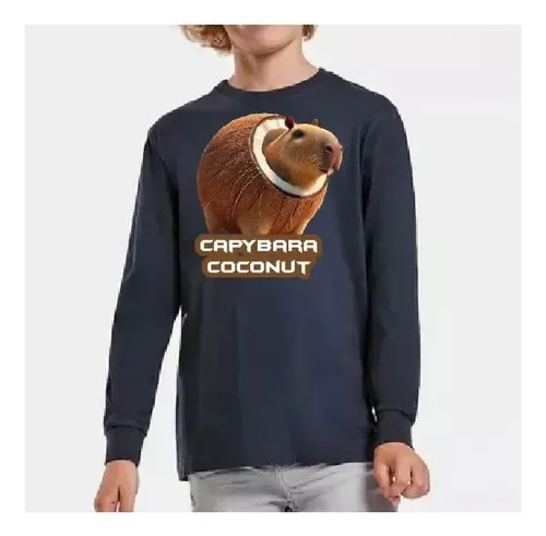 Polera Manga Larga Algodón Niños Capibara Coconut Brainrot Negro 12 ...
