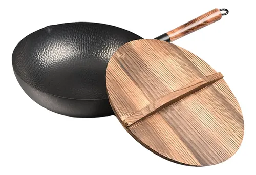 Panela De Ferro Forjada Manual Chinesa Wok 32cm Com Tampa De | Frete grátis