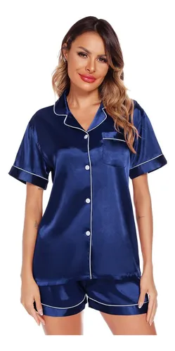 Pijama Americano Em Cetim De Seda Short Manga Curta Marinho