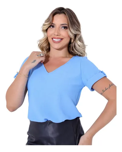 Blusa Feminina Social Duna Decote V Manga Curta Frete Grátis