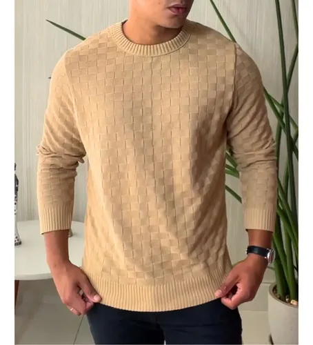 Blusa De Frio Masculina Trico Suéter Lã Gola Careca Xadrez | Frete grátis