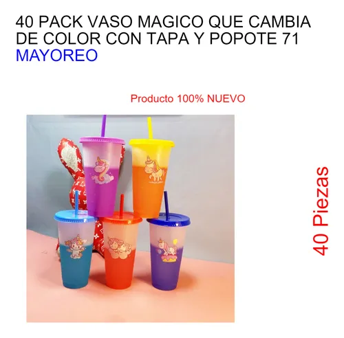 40 Pack Vaso Magico Que Cambia De Color Con Tapa Y Popote 71 Meses