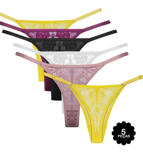 Kit 5 Calcinhas Tanga Com Regulagem Em Renda Fio Dental Parcelamento