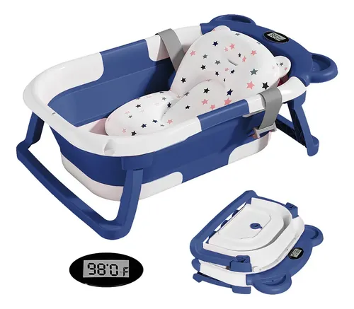 Bañera Tina Baño Bebe Plegable Portátil con Cojín Termometro Color Azul ...
