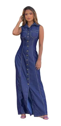 Vestido Simples Jeans Longo Manga Cavada Botões Conforto Top