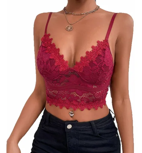 Bralette Crop Top Con Encaje Sexy Con Copa Meses Sin Interés