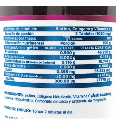 Biotina Colágeno Y Vitamina C 180 Tabletas Vidanat Sabor Sin Sabor En