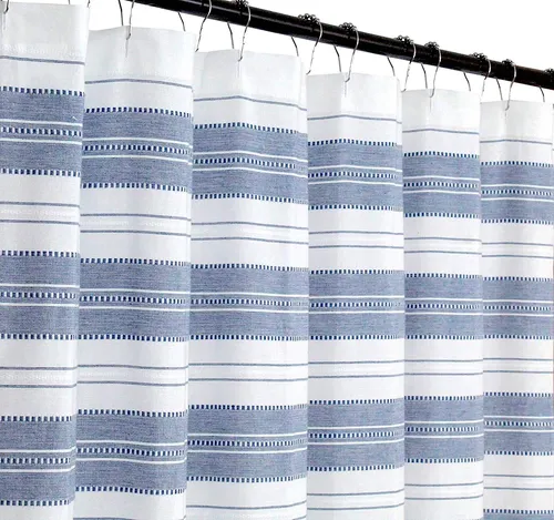 Cortina De Ducha De Tela Azul Y Blanca Chambray Rayas Envío Gratis