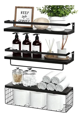 Estantes Flotantes Banna Bubinga Negro para Baño con Cesta de Alambre ...