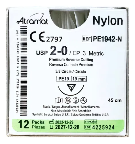 Sutura Nylon 2-0 Aguja 3/8 Cortante 19mm 45cm Pe1942-n | Meses sin interés