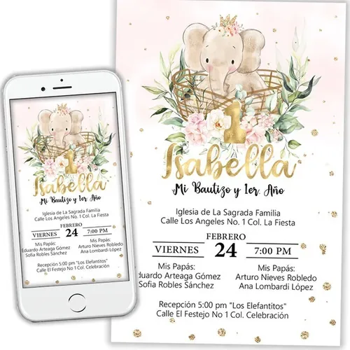 Invitacion Bautizo Y Primer Año Niña Elefantita Digital Pers en venta ... Invitacion Bautizo Y Primer Año Niña Elefantita Digital Pers en venta ...