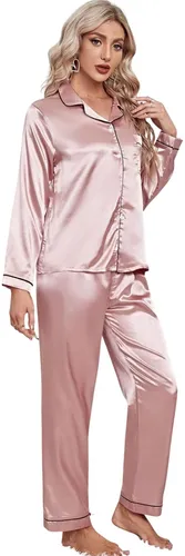 Pijama Americano Longo Calça Botão Cetim Seda Elastano Rosa