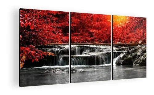 Cuadro Decorativo Mural Triptico Cascada 90x42 Mdf Cuotas Sin Interés