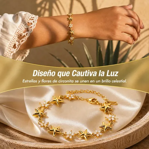 Pulsera Oro 14k Estrella Flor Zirconia Mujer Joyeria Regalo | Meses sin ...