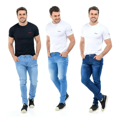 Kit 3 Calça Jeans Sarja Masculina Skinny Slim Lycra Colorida Frete Grátis