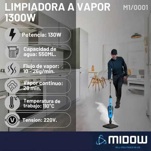 Limpiadora A Vapor Midow M1 1300w 10 Accesorios Color Azul | Envío gratis