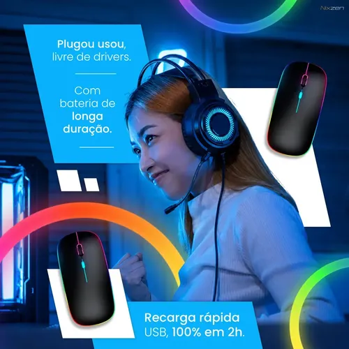 Mouse Sem Fio Recarregável Wireless Óptico Ergonômico Sem Fio Led Rgb ...