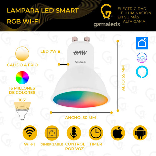 Lampara Led Smart Dicroica Rgb Wifi Baw Gu10 7w | ELECTRO 770 Lampara Led Smart Dicroica Rgb Wifi Baw Gu10 7w | ELECTRO 770