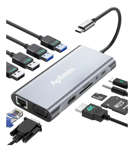 Adaptador Usb C 11 En 1 Aplimln Con 4k Hdmi Y Vga Negro Envío Gratis