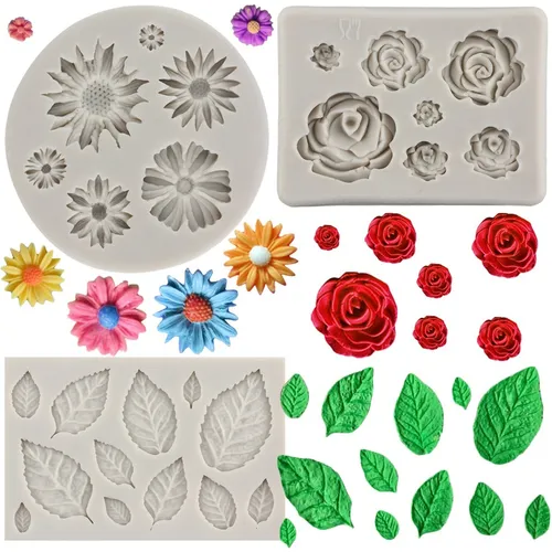 3pcs Molde Silicona Margarita Rosa Flor Hojas Fondant Resina Meses Sin Interés