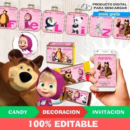 Kit Imprimible Masha Y El Oso Candy Bar Decoración G71 En Venta En