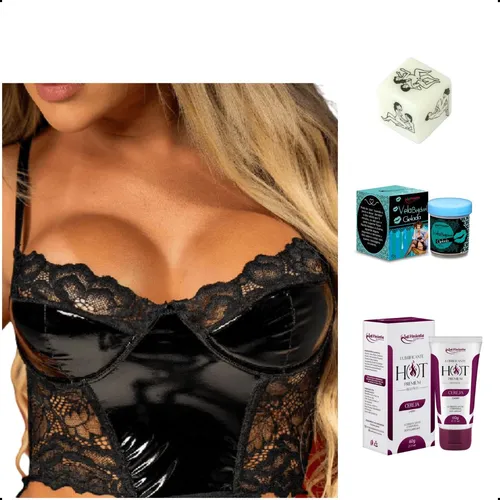 Kit Lingerie Sexy Vinil Cropped E Fio E Acessório Sensual