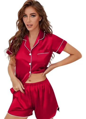 Pijama Americano Cetim Seda Lycra Short Manga Curta Vermelho