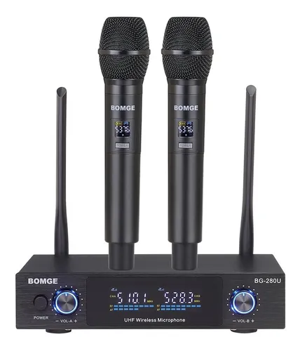 Sistema de microfone Bomge UHF duplo sem fio profissional - preto ... Sistema de microfone Bomge UHF duplo sem fio profissional - preto ...